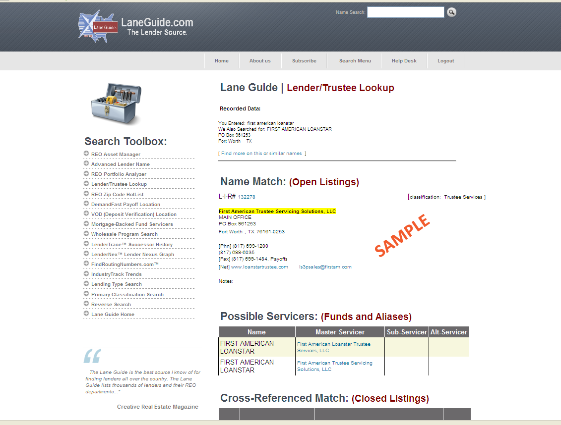 Lane Guide | Lender/Trustee Lookup